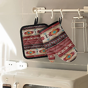 JOAIFO Southwest Nativa Oven Mitts and Pot Holders Sets, Tribal Aztec Pattern Heat Resistant & Non-Slip Oven Mitts with Potholder Fashion Kitchen Cotton Cooking BBQ Gloves