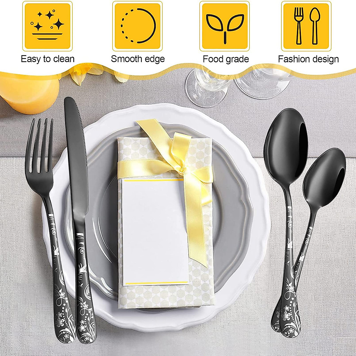 Vilihkc Unique floral pattern Silverware Set Mirror Polished Flatware Set Service for 4 Cutlery Set Stainless Steel Utensil Set for Kitchen Dishwasher Safe(20pcs)