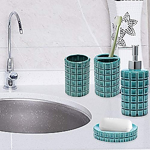 JOTOM Ceramic Bath Accessory Set,Luxury Bathroom Accessories Set - 4 Pieces with Decorative Hand Sanitizer Bottle,Toothbrush Cup,Toothbrush Holder,Soap Dish (Dark Green Square Lattice)