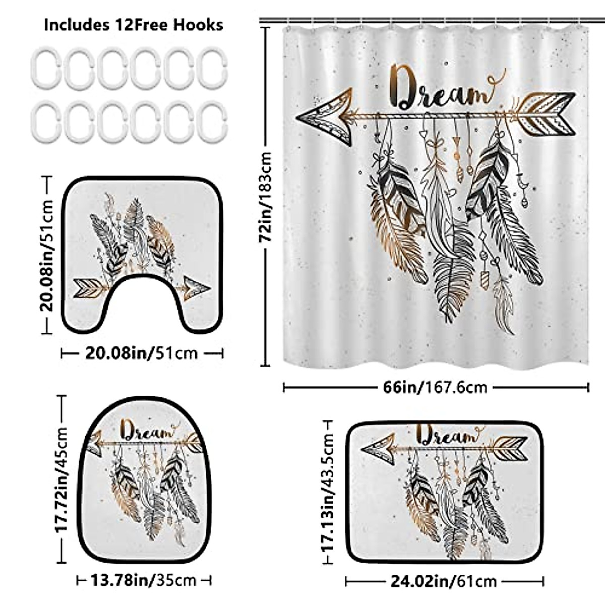 Oyihfvs Boho Ethnic Arrow and Beautiful Feathers Dream Cather 4 Pcs Shower Curtain with Matching Doormat Sets, Bath Curtain with Rugs(Bath Mat, U Shape Mat, Toilet Lid Cover Mat) with Hooks