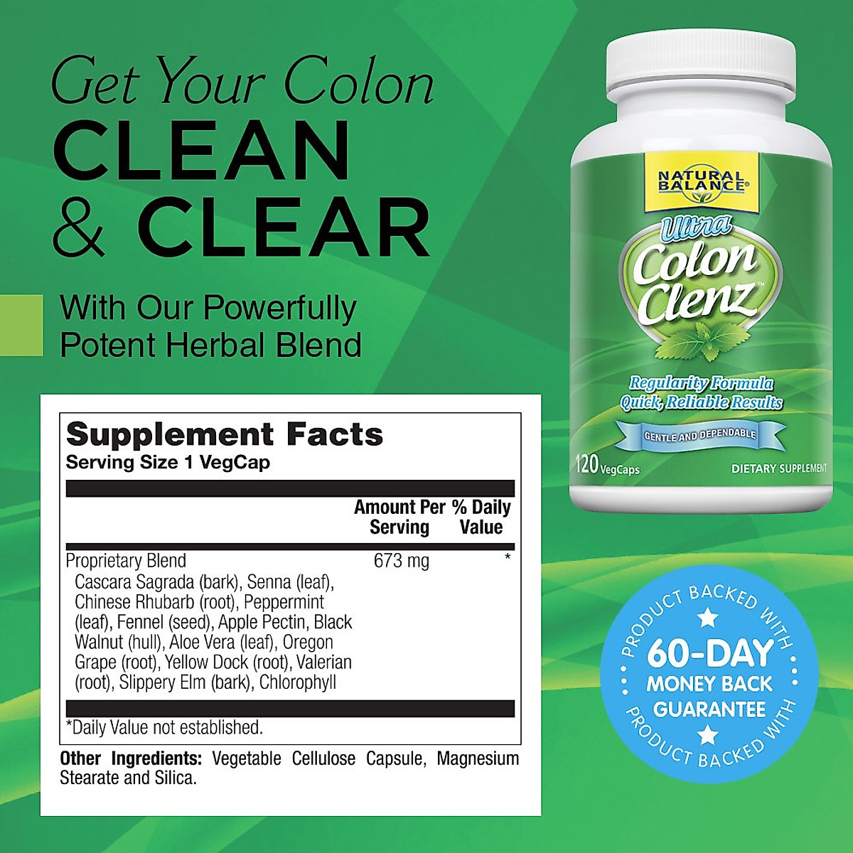 Natural Balance Ultra Colon Clenz | Herbal Colon Cleanse & Detox Supplement | Gentle & Dependable Overnight Formula | 120 Vegetarian Capsules