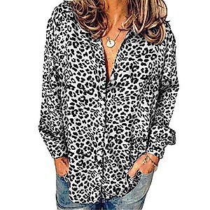 Andongnywell Women's Button Leopard Printed Long Sleeve Tunic Blouse Tops Shirts Tunics t Shirts (White,5,XX-Large)