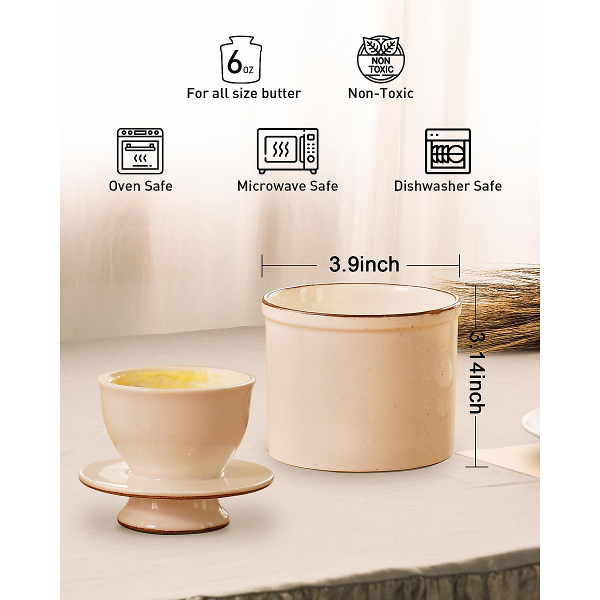 Jersinwei French Butter Dish, Butter Crock for Counter with Water Line, Ceramic Butter Keeper for Spreadable Butter - Chrismas Gift Home Kitchen Decor - Reactive Glaze Collection - Shell White