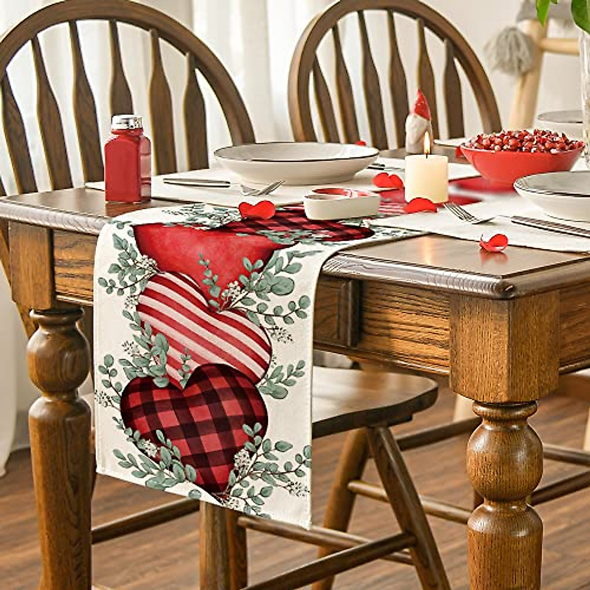 Artoid Mode Eucalyptus Hearts Mother's Day Table Runner, Holiday Kitchen Dining Table Decoration for Home Party Indoor 13x72 Inch
