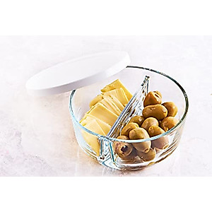 Biandeco Glass Food Storage Container 2 Compartments with Lid, Glass Lunch Containers, Glass Food Prep Containers with Lids Lunch Box Snack Container for Oven, 26.54 oz (White Lid)