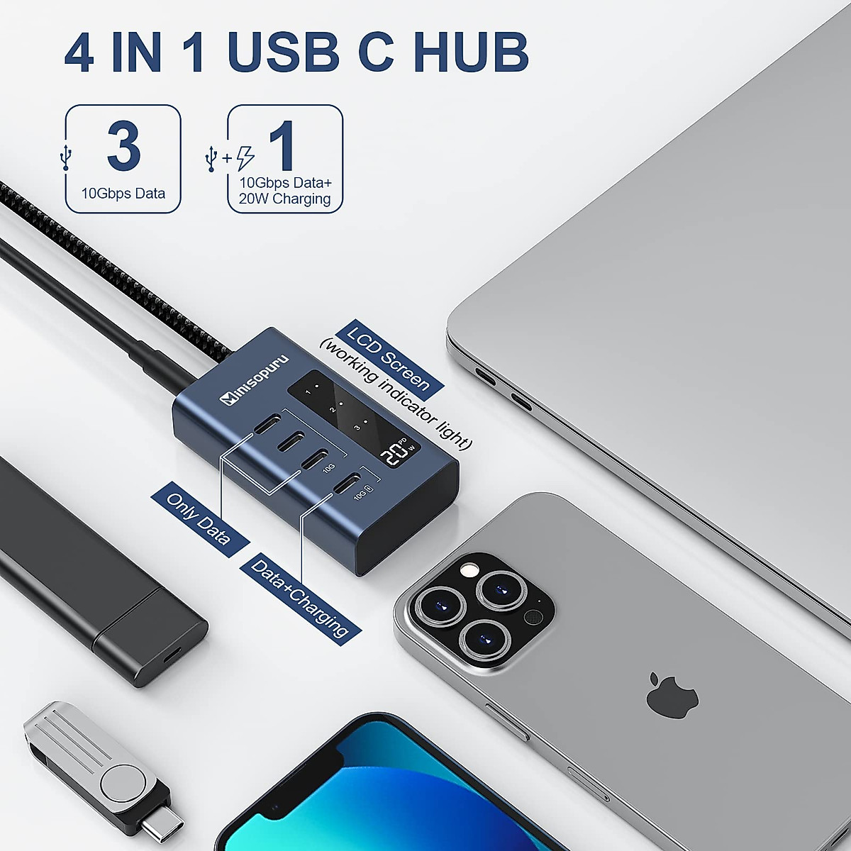 Minisopuru Powered USB C Hub, USB C Splitter 4 Ports with 10Gbps Data & 20W Charging,USB C to USB C Hub Multiport Adapter for MacBook Pro/Air, iMac, iPad, Phone, Surface,Dell, etc.(Not Support Video)
