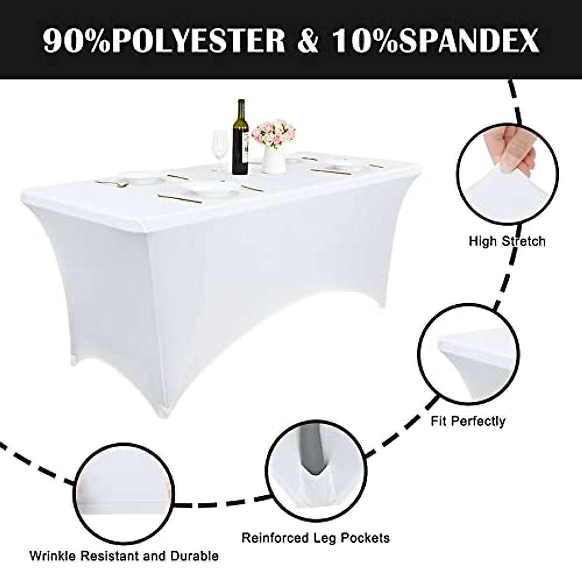 Yastouay 2 Pack 6ft Stretch Table Cloth Spandex Table Cover Tight Fitted for 6ft Rectangular Tables White Washable Tablecloths for Party, Wedding, Banquet, Outdoor (White, 6 Ft)