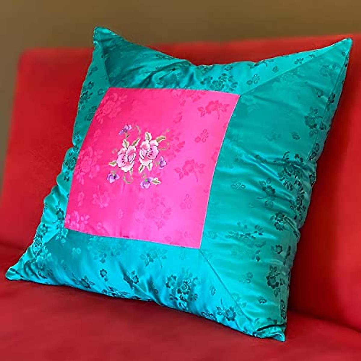 RESPEKT SAN FRANCISCO Korean Queen Meditation Cushion with Embroidery Design for Women and Men, Yoga, Sitting on Floor: 24” (Green: Throw Pillow)