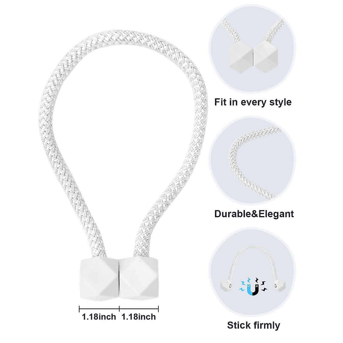 OySeyFo 8 Pack Magnetic Curtain Tiebacks, Drapery Holdbacks with Upgraded Magnet Convenient Drape Tie Backs European Style Decorative Curtain Ties for Home&Office Window Draperies(White)