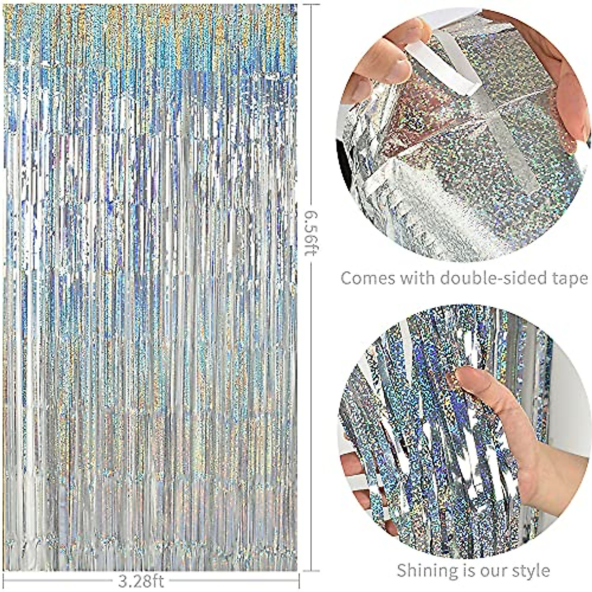 3 Pcs Sliver Metallic Foil Curtains,3.28ft x 6.56ft Laser Glitter Fringe Rain Curtain Shine Photo Booth Backdrop Tinsel Curtain Streamer for Wedding Christmas New Year Baby Shower Bachelorette Party