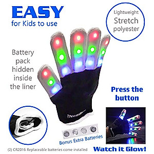 The Noodley Thin Flashing LED Light Gloves Kids and Teen Sized with Extra Batteries Finger Toy Cosplay Halloween Costume Accessory Boys and Girls - Ages 8-12 (Medium, Black)