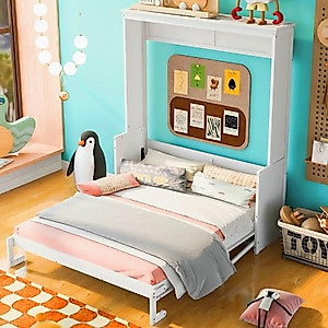 Brabrety Versatile Wooden Queen Size Murphy Bed with Storage Shelf,for Small Spaces Apartments Studio Guest Room Use (Queen, White@Shelf)