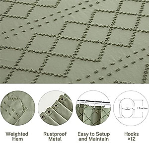 Siiluminisoy Sage Green Boho Shower Curtain Woven Fabric Cute Shower Curtain, 72 x 72 Tufted Chevron Textured Striped Modern Farmhouse Minimalist Cloth Shower Curtain Set with Hooks for Bathroom