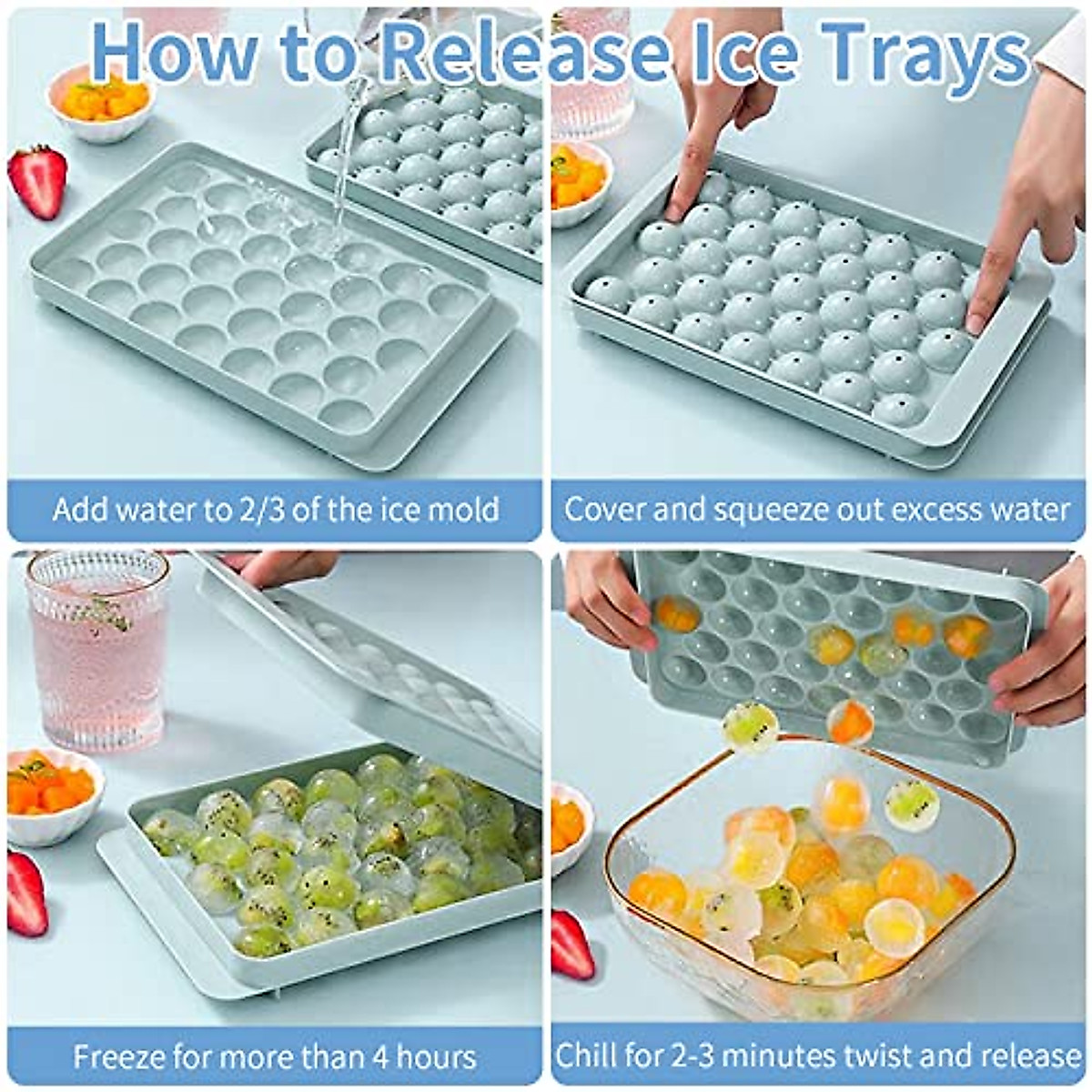 Ball Ice Cube Trays for Freezer: Round Ice Cube Tray with Lid - Circle Ball Ice Trays for Freezer with Bin - Sphere Ice Cubes Mold for Drinks - 4 Packs