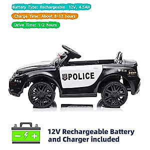 u URideon 12V Ride on Police Car for Kids, Battery Powered Electric Vehicle SUV with Remote Control, Siren, Flashing Light, Music (Black)