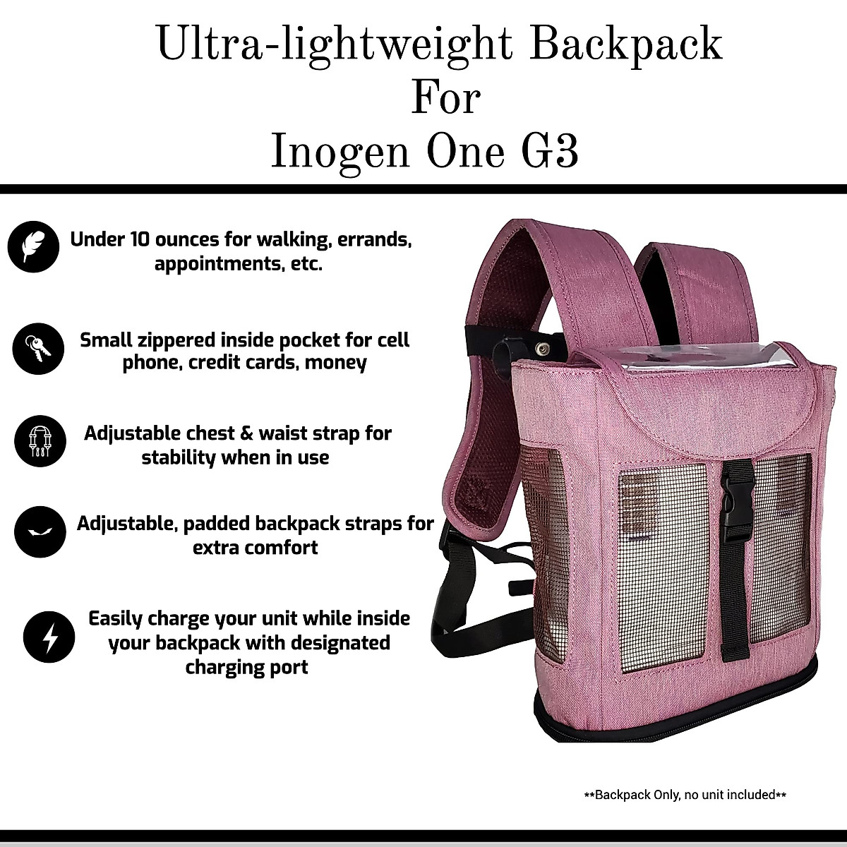 O2TOTES Ultra Lightweight Backpack For Inogen One G3 Unit (Patented Design) (Burgundy) FITS ONLY: INOGEN ONE G3 UNITS: IS-300 OR, IO-300