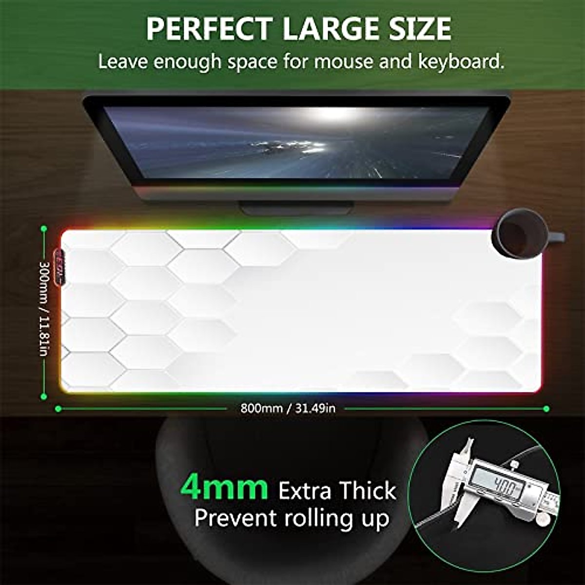 Gaming Mouse Pads Hexagon Shaped White Large RGB Mousepad XL Desk Computer Pad Gaming Accessories Extended Led Mouse Pad XXL Big Keyboard Desk Mat with Lock Edge 50X100Cm