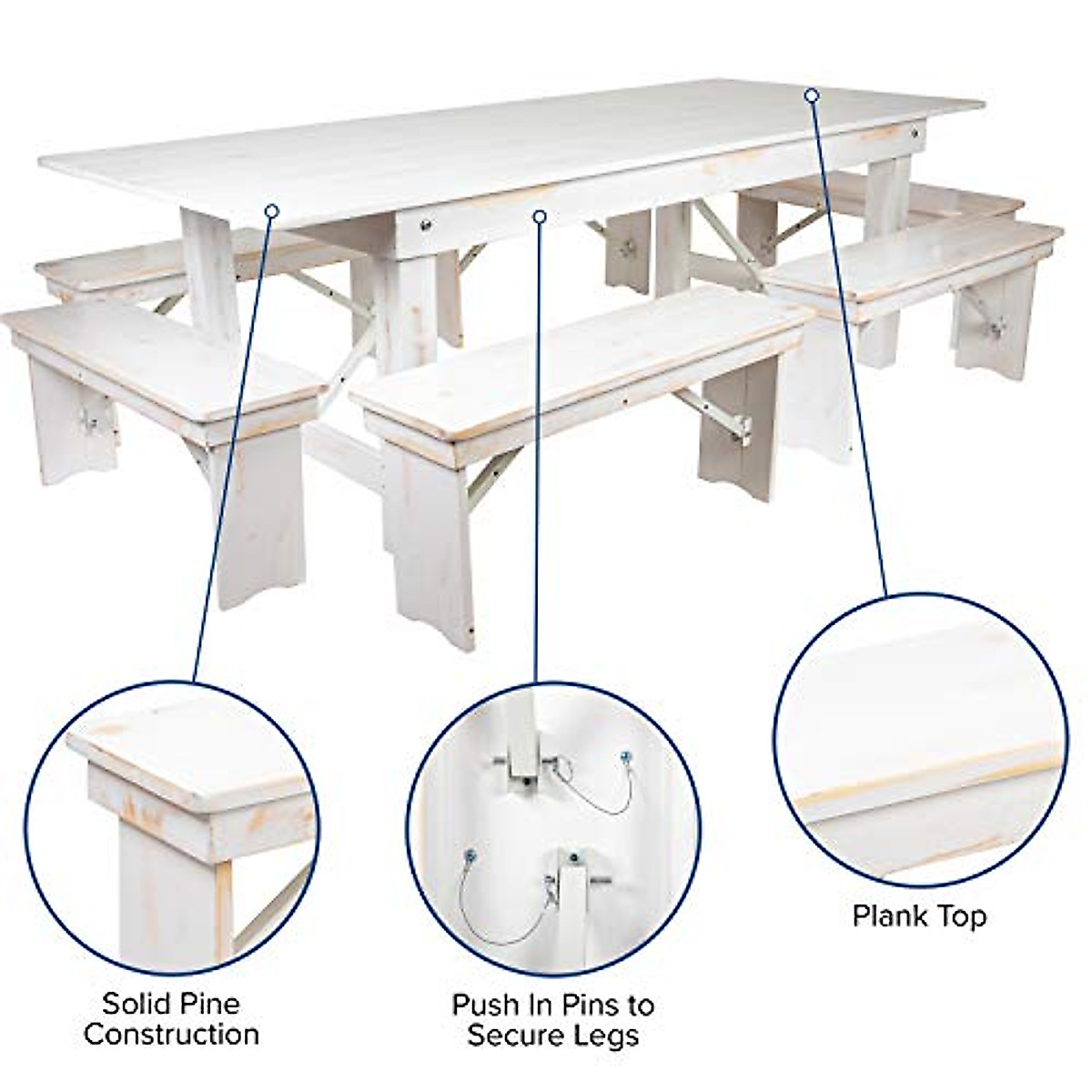 Flash Furniture HERCULES Series 8' x 40" Antique Rustic White Folding Farm Table and Six Bench Set
