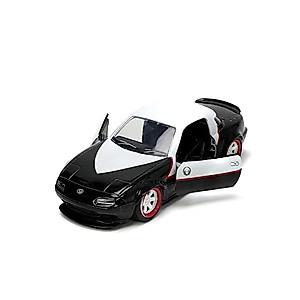 Jada 1990 Mazda Miata Black and White with Graphics and Ghost Spider Diecast Figure Spider-Man Marvel Series 1/32 Diecast Model Car