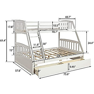 ATH-S Twin Over Twin Bunk Bed for Boys Girls Teens Adults, Solid Wood Bunk Bed Frame with Trundle and Drawers, No Box Spring Needed, White (Color : White with Drawers, Size : Twin Over Full)
