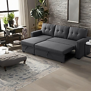 MACHOME 82 inch L-Shape Sofa Sectional Convertible Sleeper with Storage Chaise Corner Couch Pull Out Sleeperbed with Arms for Apartment, Dorm, Living Room, Dark Gray