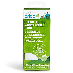 Munchkin® Brica® Clean-To-Go Wipes™ Unscented Hand & Face Baby Wipes, 99% Water Wipes with Chamomile & Aloe, 3 rolls of 30 wipes (total 90 Wipes)
