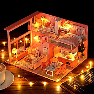 GuDoQi DIY Miniature Dollhouse Kit, Mini Dollhouse Kit with Furniture, Tiny House Kit Plus Dust Cover, DIY Miniature Kits, Gift for Birthday Easter Day, Sweet Angel