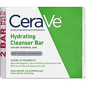 CeraVe Hydrating Cleanser Bar, Soap-Free Body and Facial Cleanser with 5% Cerave Moisturizing Cream, Fragrance-Free, 2-Pack, 4.5 Ounce Each