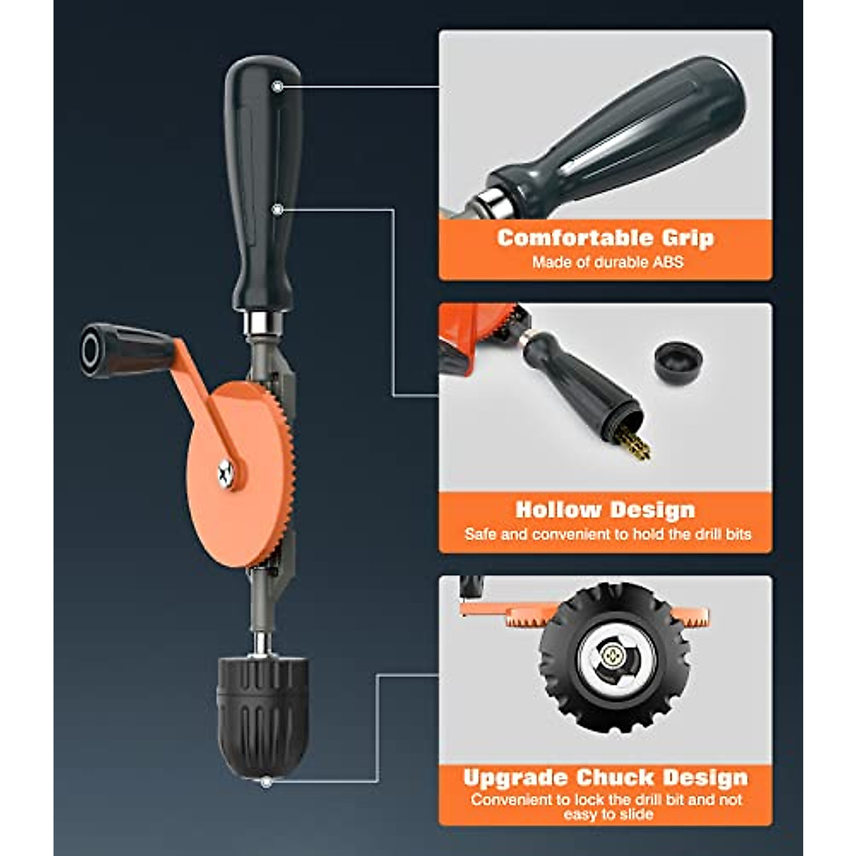 Housolution Hand Drill, Powerful 3/8 inches (1-10mm) Capacity Hand Drill Manual with Precision Keyless Drill Chucks, Cast Steel Manual Drill with 13Pcs Drill Bit Set for Wood Plastic, Orange