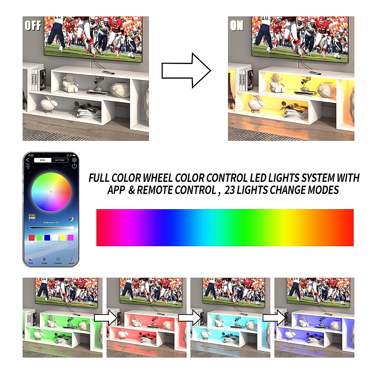 ANTISTA TV Stand, Deformable TV Stand with LED Light Strip & Power Outlets, Modern Entertainment Center with Storage Shelves for 55/60/65/70 inch TV, Gaming Media Console for Living Room