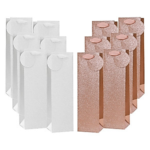 PAPER FAIR 12PCS Metallic Rose Gold White Glitter Champagne Wine Gift Bags Bulk with Gift Tags, Embossed Ribbon Handle Bottle Paper Tote, for Holidays Christmas New Year Gift Packing Decor, Wedding