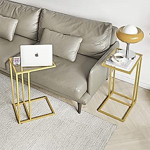 YMYNY C-Shaped End Table, Tempered Glass Sofa Side Table, nightstand for Small Place,Coffee Table for Hallway Office Bedroom Living Room, Metal Frame, Gold, 24.8 * 15.75 * 11.8" UHGD001G