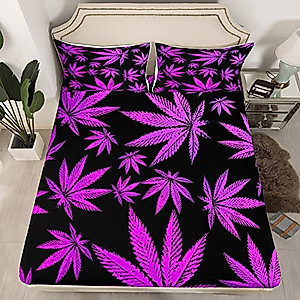 Marijuana Leaf Bed Sheets Weed Leaf Botanical Sheet Set for Kids Men Women Adults Cannabis Leaves Bed Set Luxury Puple Hemp Sheets Room Decor 4Pcs Full Size