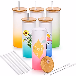 Mezchi 6 Pack Sublimation Glass Cans Blanks with Bamboo Lids, 17 OZ Frosted Tumbler Cups with Glass Straws, Straight Skinny Drinking Glasses Jars Mugs for Iced Coffee, Milk, Juice, 6 Gradient Colors