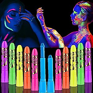 12 Pack Glow in The Dark Paint, Glow in The Dark Face Body Paint Glow Sticks Makeup Face Painting Kits for Kids Adult, Neon Face Paint Crayons for Halloween and Parties (6 Colors)