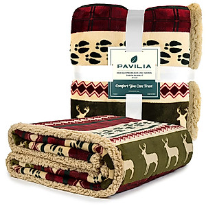 PAVILIA Premium Christmas Blanket Sherpa Fleece Throw| Plush Christmas Decoration, Reindeer, Cozy Reversible Winter Holiday Cabin Blanket for Sofa Couch 50x60