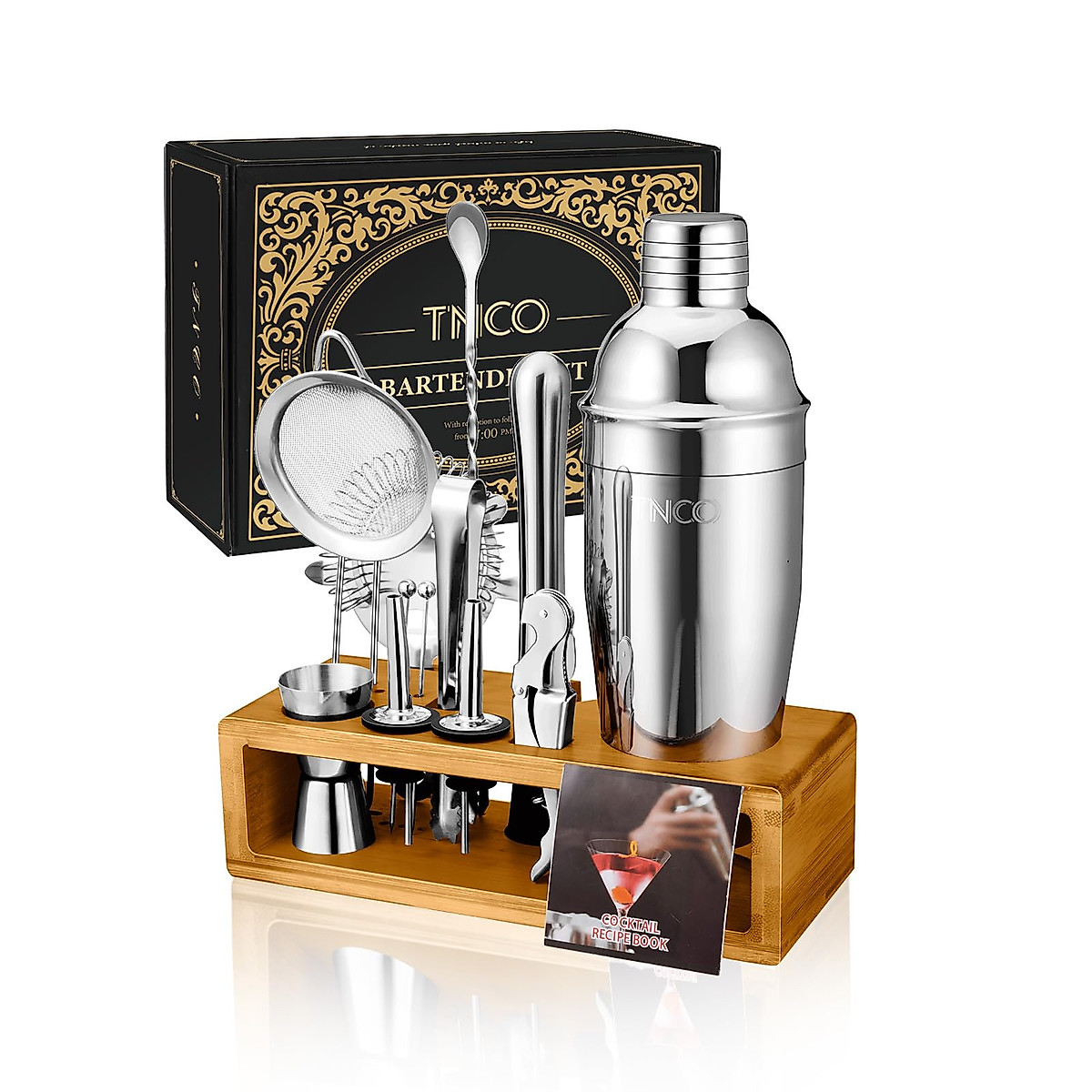 Bartender Kit, TNCO Cocktail Shaker Set with Stand,Bar Set Drink Mixer Set with All Essential Bar Accessory,Martini Mixer Cup with Muddler,Jigger, Strainer,Ice Tongs,Spoon,Liquor Pourers,Ice Filter