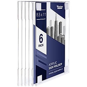 Acrylic Sign Holder with Hook and Loop Adhesive, 8.5 x 11 inches - Portrait or 11 x 8.5 inches - Landscape, Clear Wall Mount Frame, Perfect for home, office, store, restaurant (6 Pack)