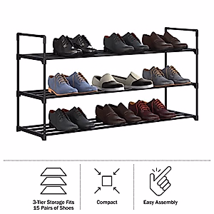 Shoe Rack - 3-Tier Shoe Organizer for Closet, Bathroom, Entryway - Shelf Holds 15 Pairs Sneakers, Heels, Boots by Home-Complete (Black)