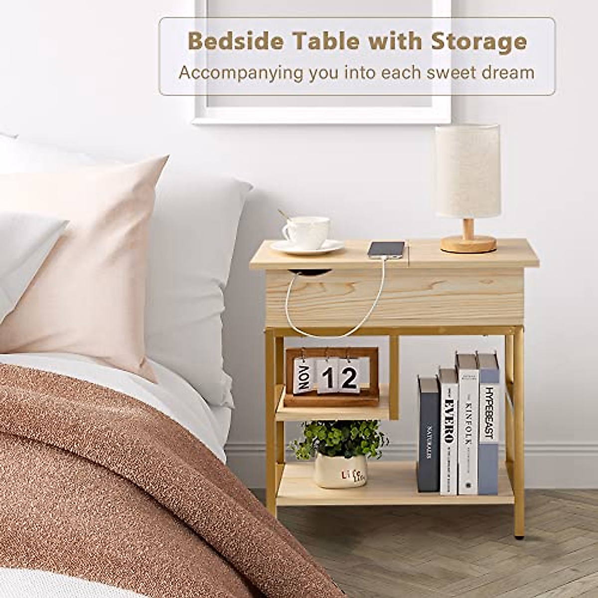 Hadulcet Side Table with Charging Station, Flip Top End Table with Storage Shelf for Living Room Bedroom Small Space Gold & Beige