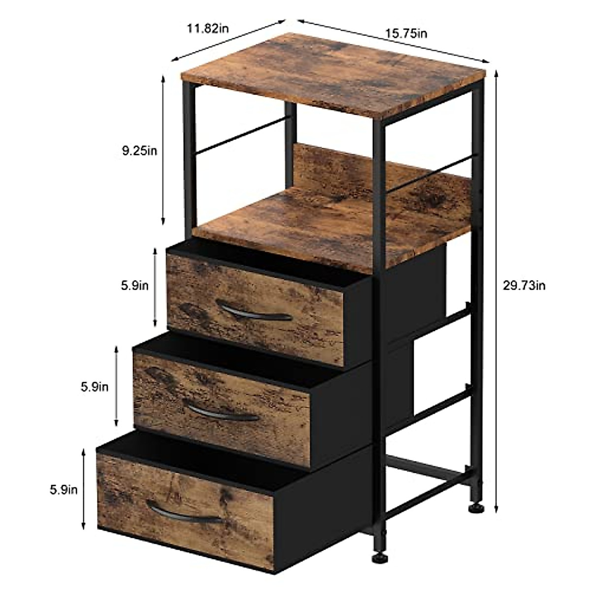 NORCEESAN Nightstand with Drawers, Bedroom Side Table Night Stand with Storage Shelf End Table with Fabric Storage Industrial Bedside Table for Living Room Dorm, Rustic Brown and Black