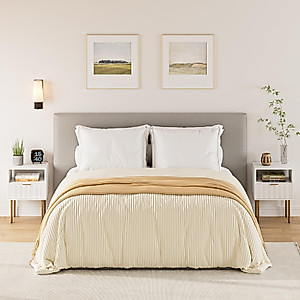 Masupu Nightstand,Mid-Century Modern Bedside Table with Storage Drawer and Open Wood Shelf,Small Gold Frame Side Table for Bedroom,Living Room,White