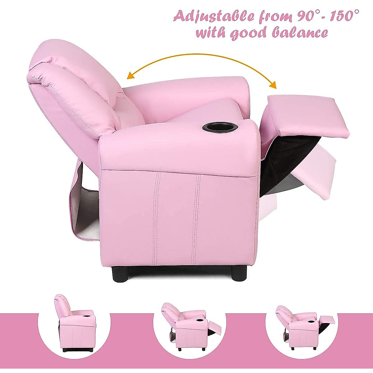 LDAILY Kids Recliner, PU Leather Kids Lounge Chair with Cup Holder, Adjustable Footrest, Ergonomic Toddler Furniture Sofa for Children, Boys & Girls, Living Room, Toddler Recliner, Pink