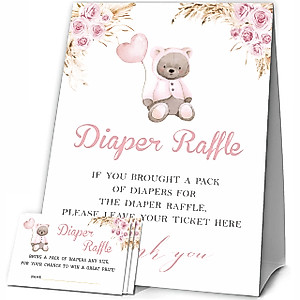 JCVUK Baby Shower Games, 1 Diaper Raffle Standing Sign with 50 Diaper Raffle Tickets,Bear Theme Babyshower Party Decorations and Supplies For Boys or Girls(LBLK-B01)