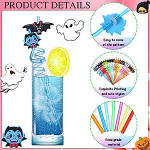 24 Pcs Halloween Party Favors Halloween Straws Reusable Plastic Crazy Straws Bats Pumpkin Cat Ghost Straws with 2 Cleaning Brush for Kids Halloween Party Supplies Birthday Decoration, 8 Styles