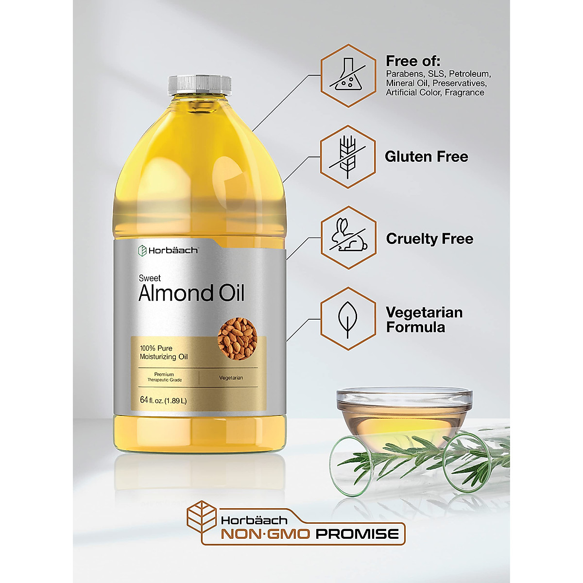 Horbäach Sweet Almond Oil 64 fl oz | for Hair and Skin | Cold Pressed & Hexane Free | Bulk Size Carrier Oil | Vegan, Non-GMO, Cruelty Free