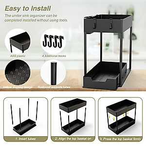 DEKYHOME Under Sink Organizer and Storage,Bathroom Organizer with 4 Hooks and 1 Hanging cup, Multi-purpose Storage Shelf for Bathroom Kitchen