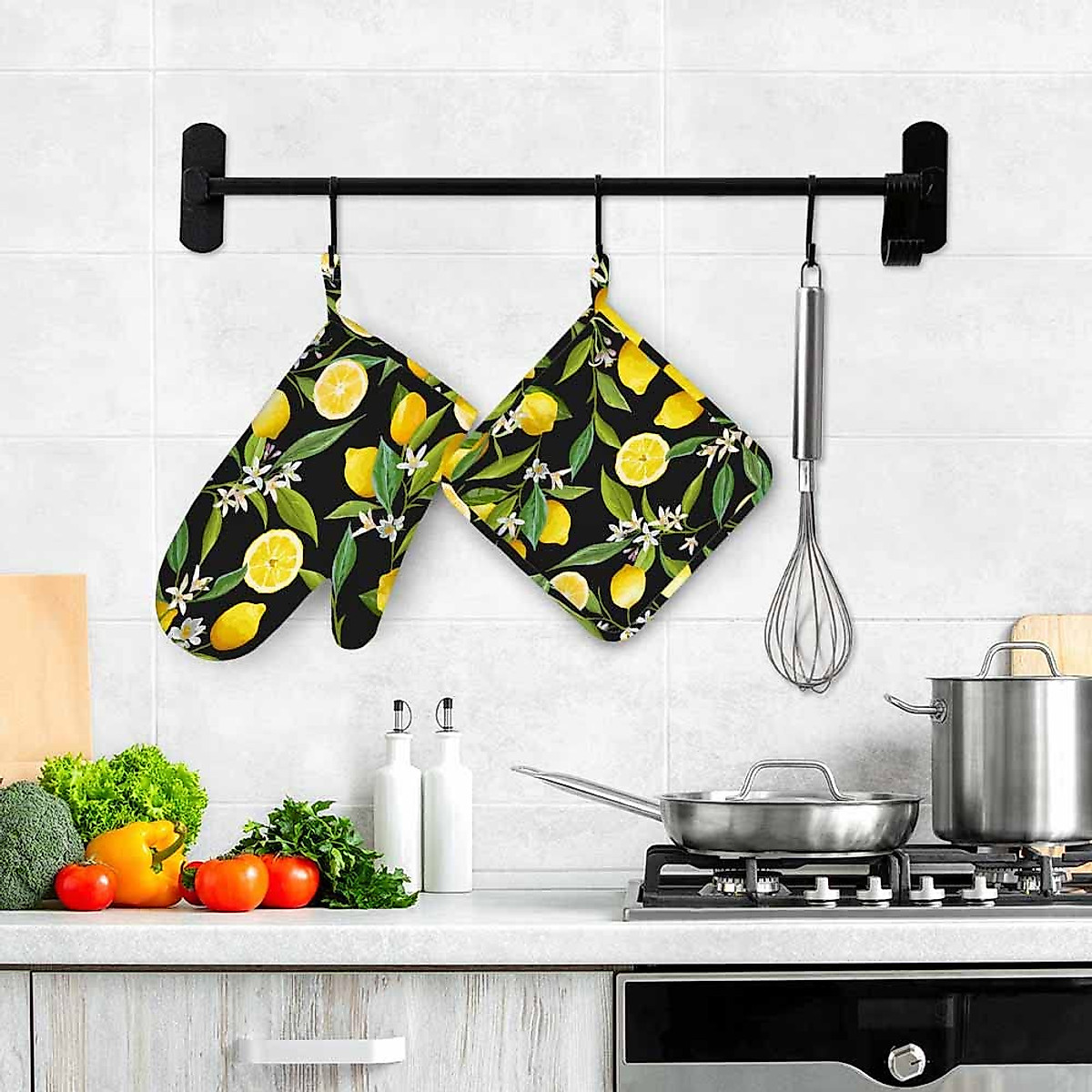 Mxocom Lemon Fruits Silicone Oven Mitts and Pot Holders Sets Flowers Leaves Lemons BBQ Gloves for Kitchen,Cooking,Baking,Grilling