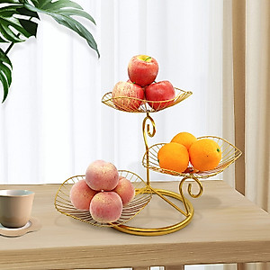 BUDO Metal Fruit Basket, 3-Tier Decorative Fruit Bowl, Wire Vegetables Snacks Metal Bowl Storage Trays Table Countertop, Modern Veggie Holder Stand for Home Kitchen Centerpiece, Gold