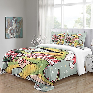 LENTLY Cartoon Dinosaur 3D Print Bedding Set Soft Microfiber Quilt Covers 3 Pieces Christmas Theme Comforter Cover with Pillowcase for Childrens and Adults Duvet Cover Twin（173x218cm）